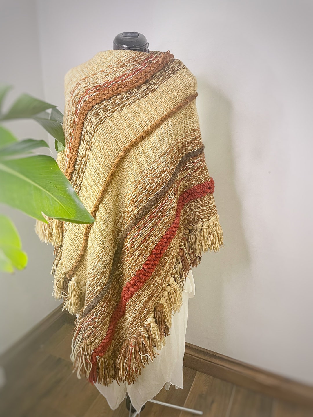 Stunning Handwoven Wool Poncho, Beige and Red Wool Shawl, Vintage Boho ...
