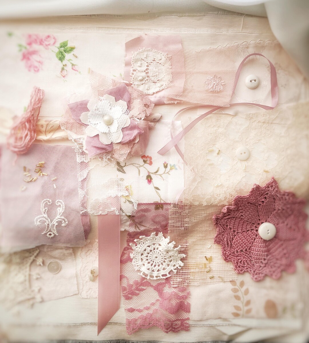 Dusky Pink Slow Stitch Kit With Vintage Pink Lace, Silk, Fabric, Beads ...