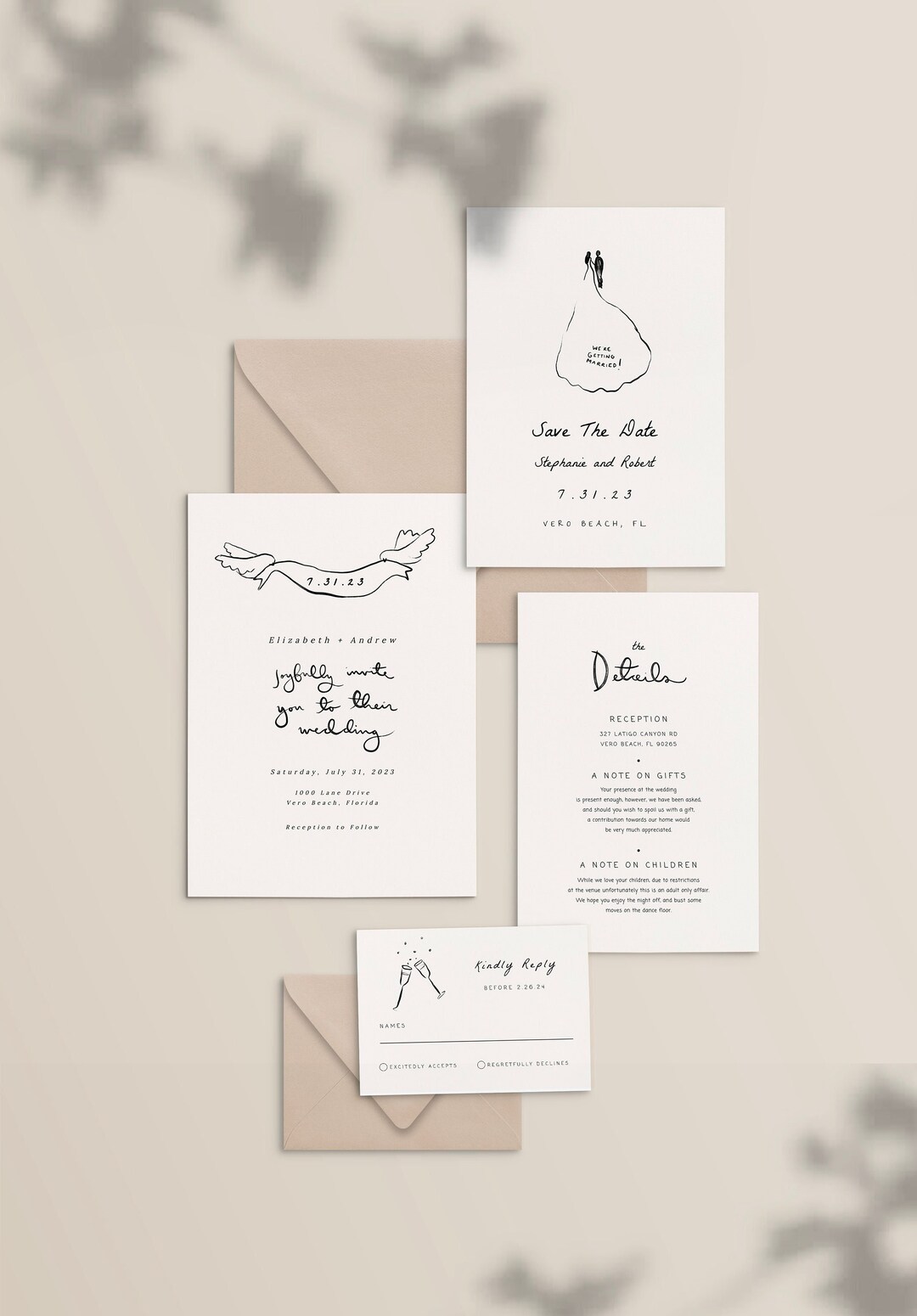 Hand Drawn Wedding Invitation Bundle, Whimsical, Quirky Invite ...