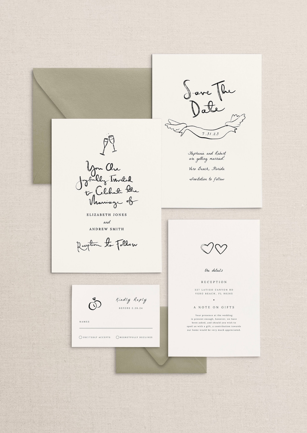 Full Whimsical Wedding Invitation Bundle, Handdrawn, Quirky Invite ...