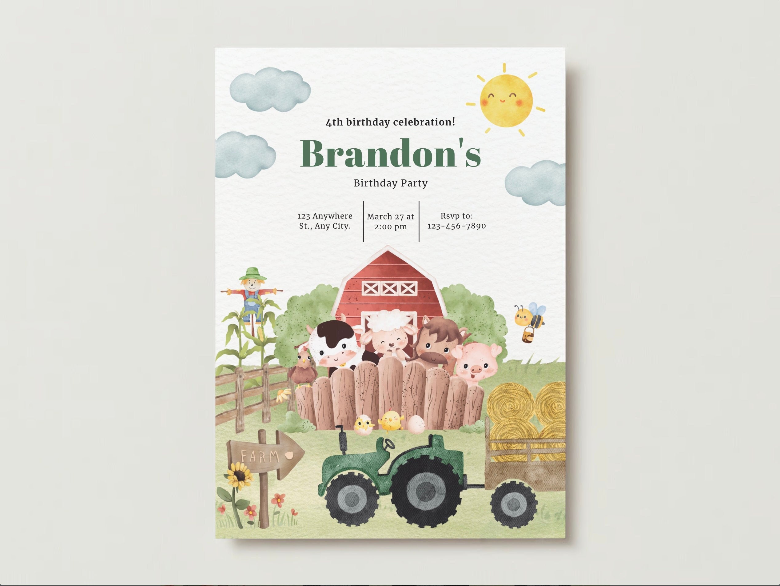 Farm Themed Birthday Party Invitation Handcrafted Watercolor Barn ...