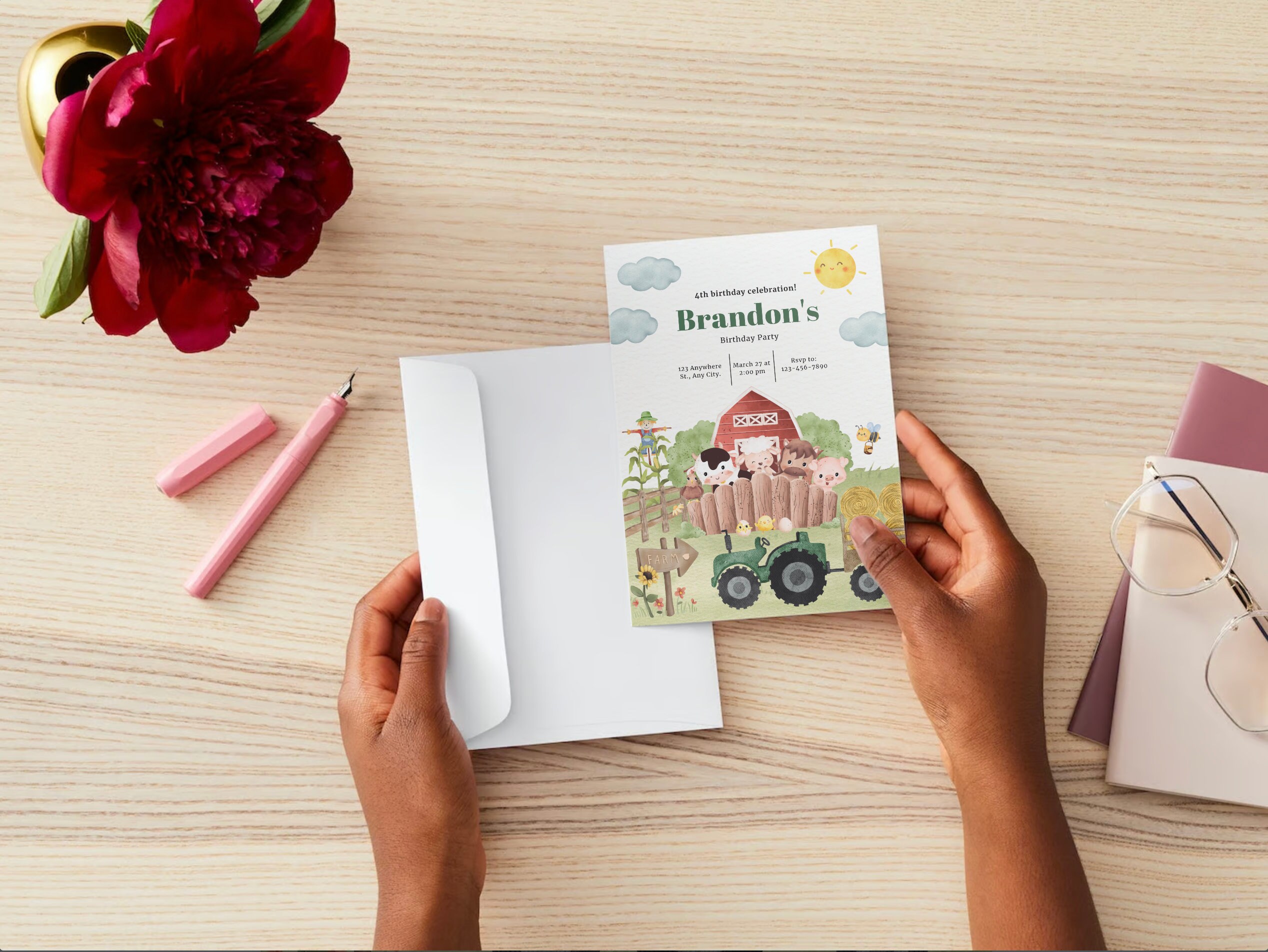 Farm Themed Birthday Party Invitation Handcrafted Watercolor Barn ...