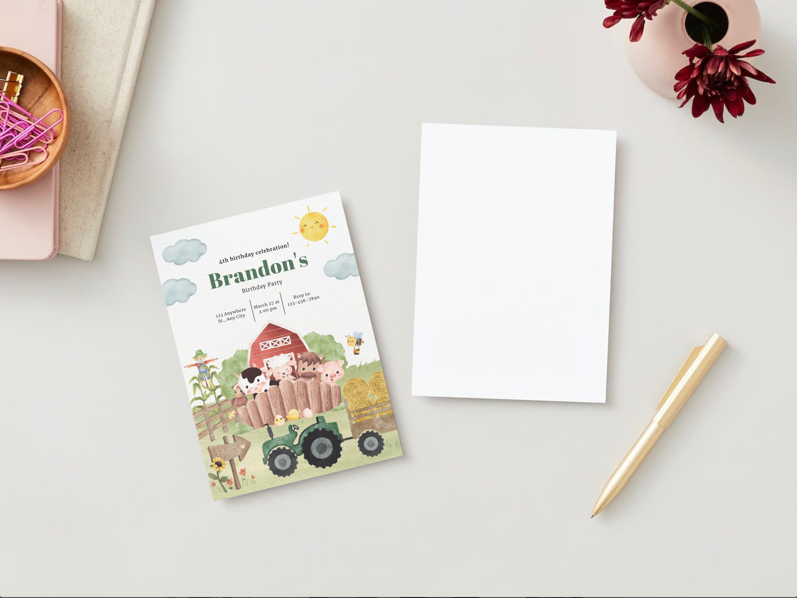 Farm Themed Birthday Party Invitation Handcrafted Watercolor Barn ...