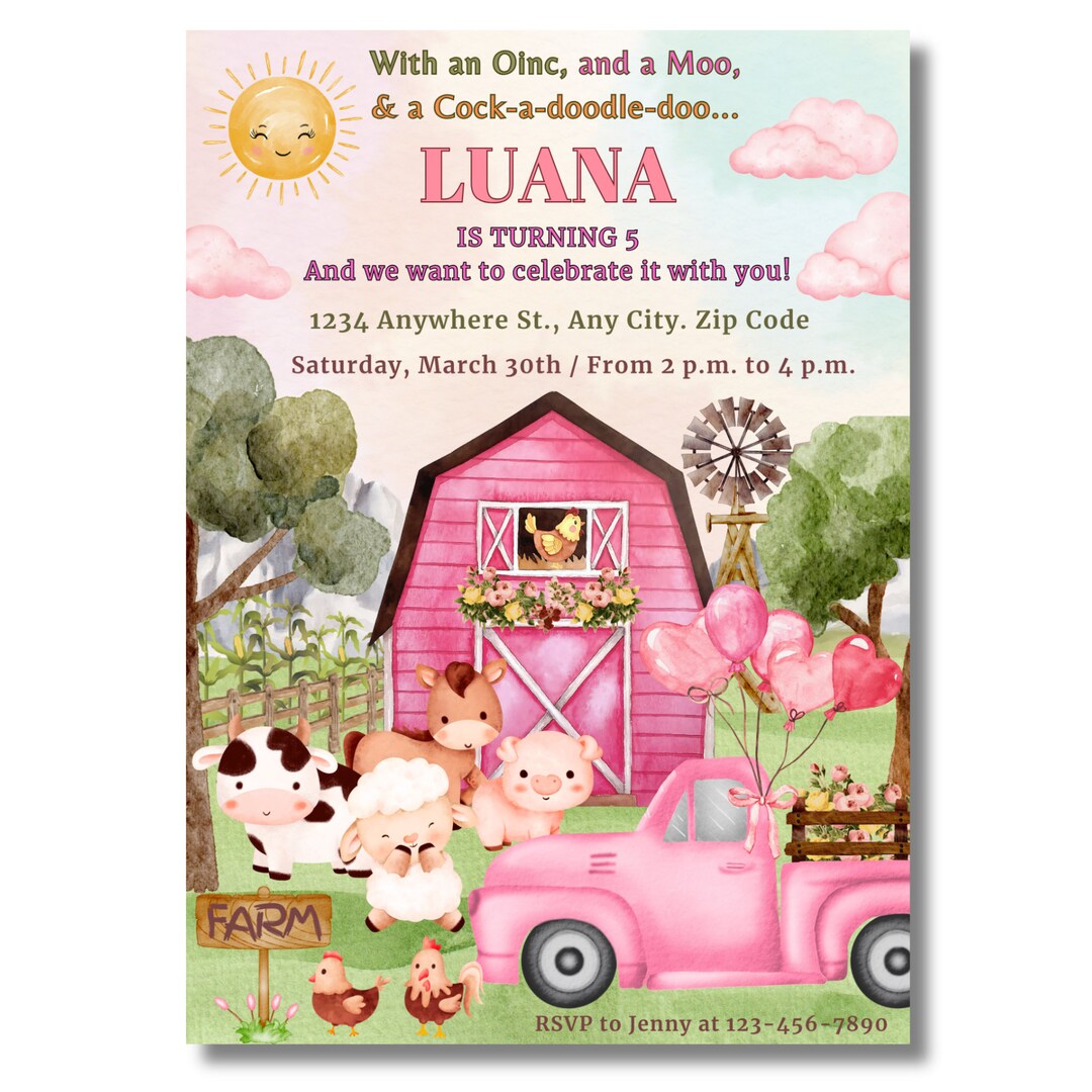 Editable Barnyard Birthday Party Invitation Pink Barn Birthday ...