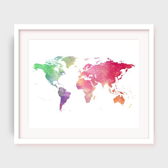 World Map Print Printable World Map in Watercolor Home | Etsy