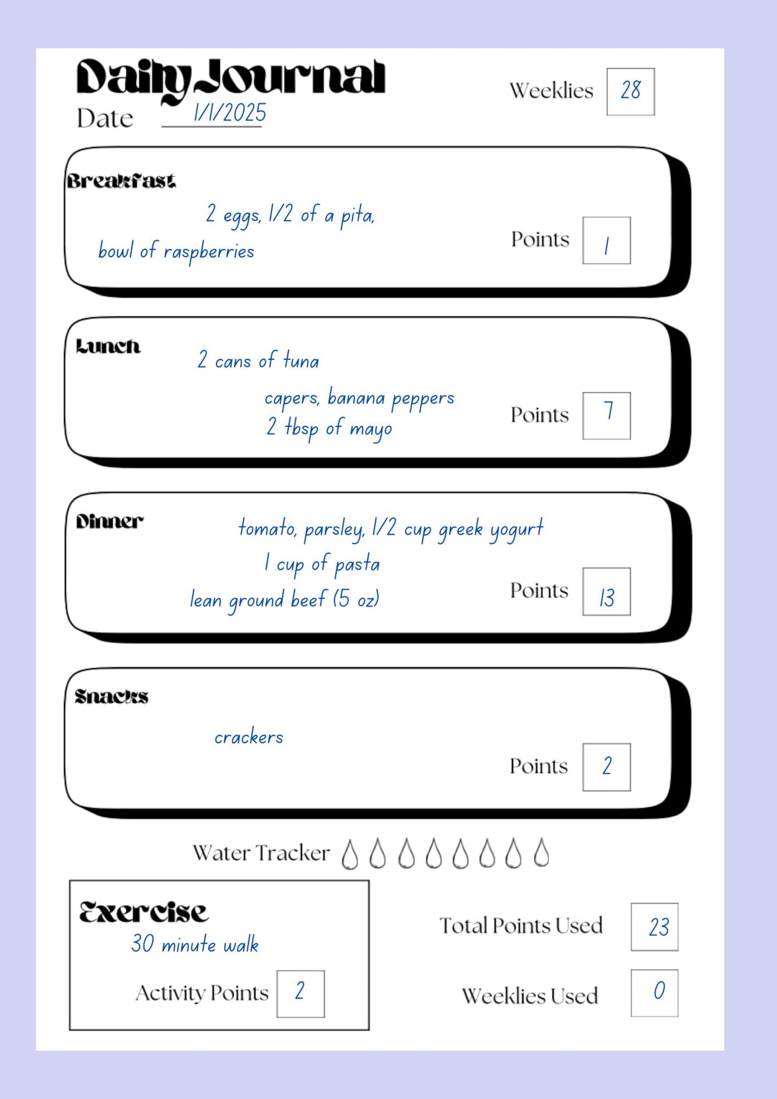 Daily Food Point Printable Tracker, Planner, Weight Watchers Food Diary ...