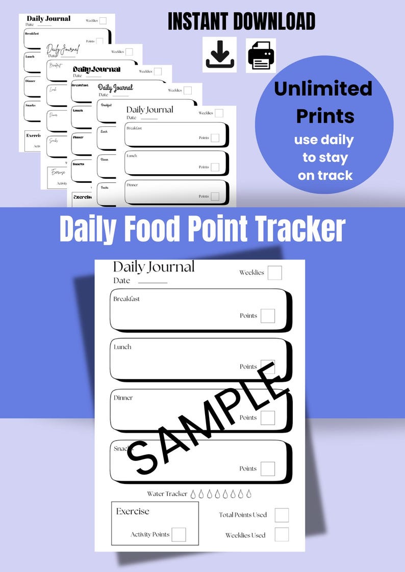 Daily Food Point Printable Tracker, Planner, Weight Watchers Food Diary ...