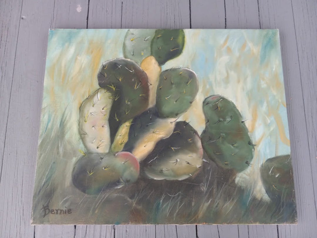 Original Rare Vintage Prickly Pear Cactus Oil Canvas by Artist Signed ...