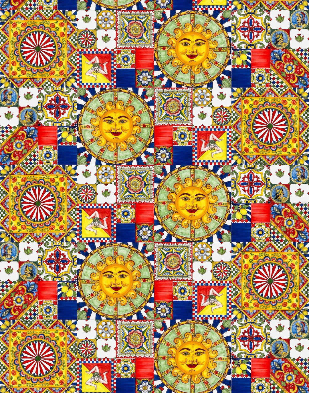 Italian Satin Silk Fabric | Sicilian Sun Tile Print, Colorful Stretch ...