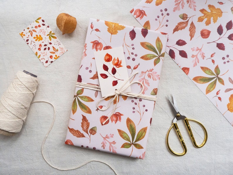 Autumn Leaves and Berries Wrapping Paper - Illustrated Botanical Fall ...