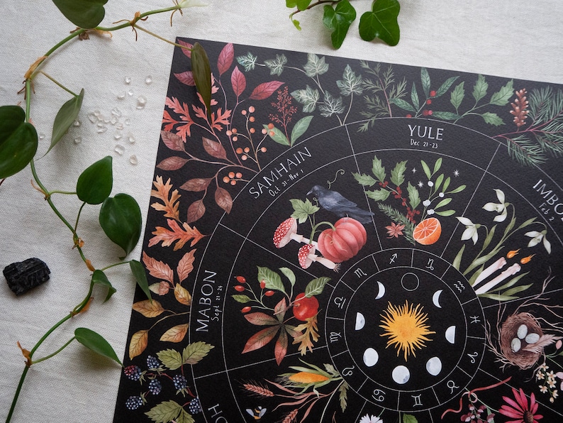 Wheel of the Year - Pagan Holiday Calendar - Botanical Art Print - Moon ...