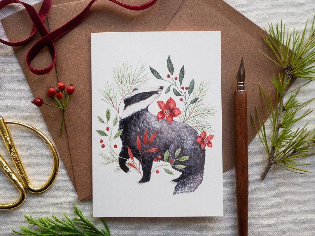 Christmas Badger Greeting Card Illustrated Woodland Animal and ...