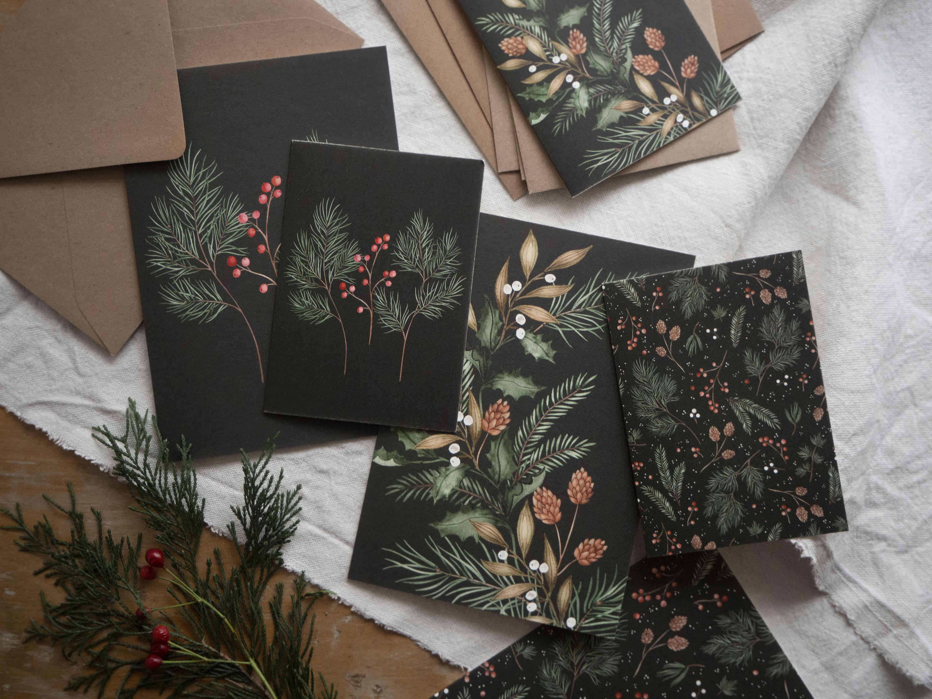 Botanical Christmas Card Set - Pack of 3 Illustrated Xmas Greeting ...