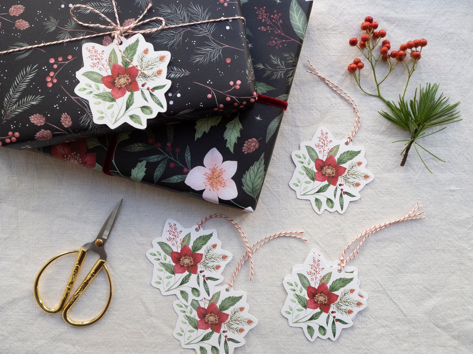 Set of 6 Christmas Rose Gift Tags Botanical Xmas Tags Die - Etsy