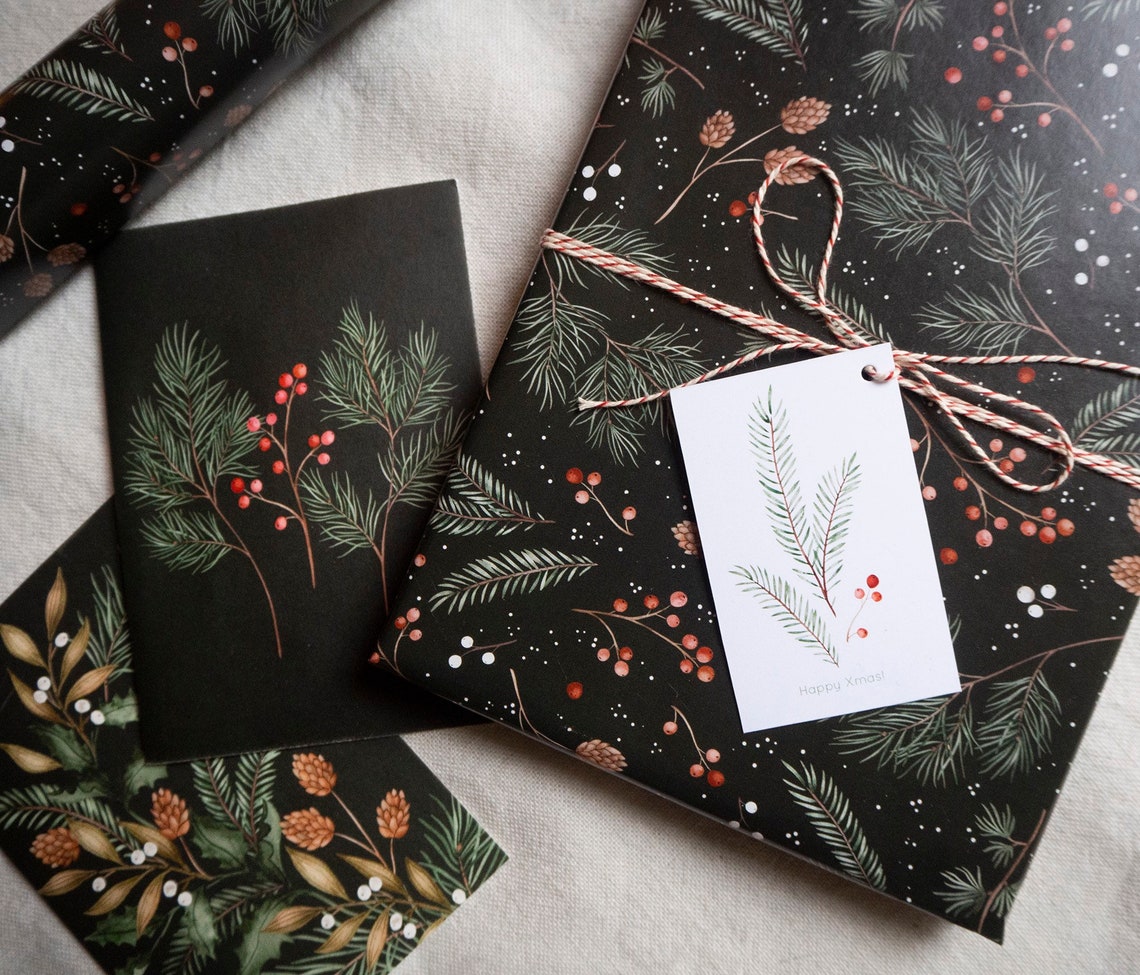 Christmas Wrapping Paper Botanical Pattern Fir and Berries - Etsy
