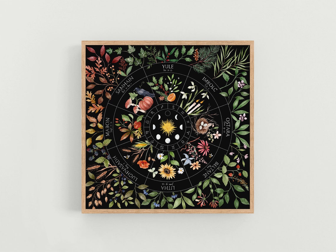 Wheel of the Year Pagan Holiday Calendar Botanical Art Print Moon Phase ...