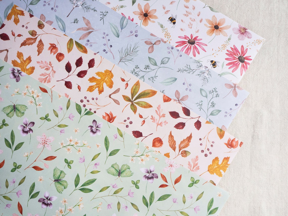 Botanical Nature Wrapping Paper Set Four Seasons Giftwrap Sheets ...