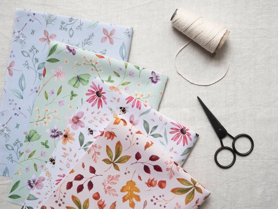 Botanical Nature Wrapping Paper Set Four Seasons Giftwrap Sheets ...
