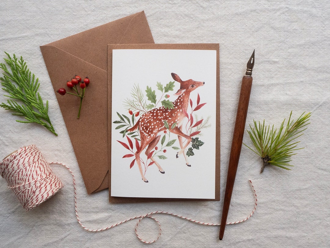 Christmas Deer Greeting Card - Illustrated Woodland Animal and ...