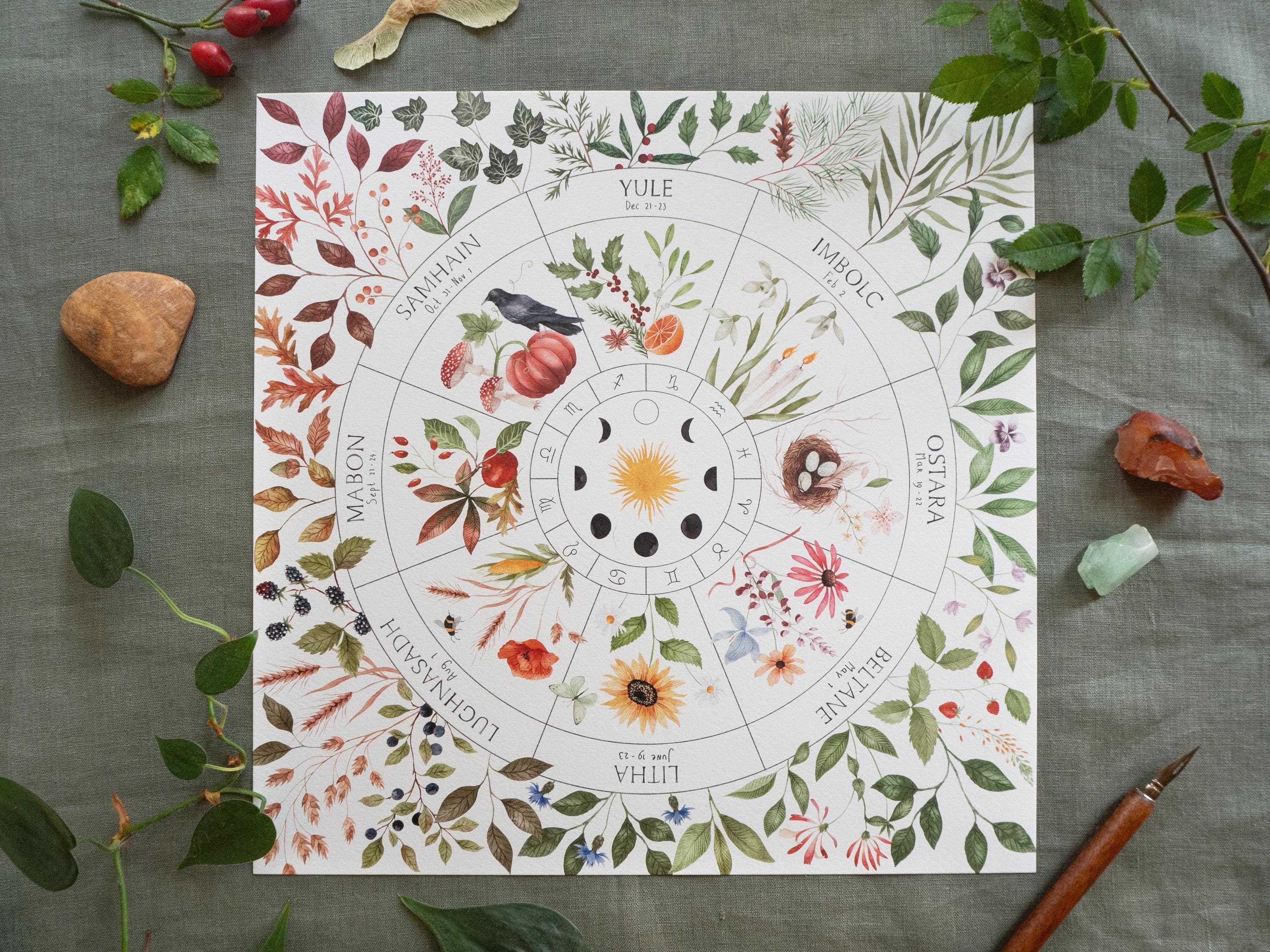 Wheel of the Year - White - Pagan Holiday Calendar - Botanical Art ...