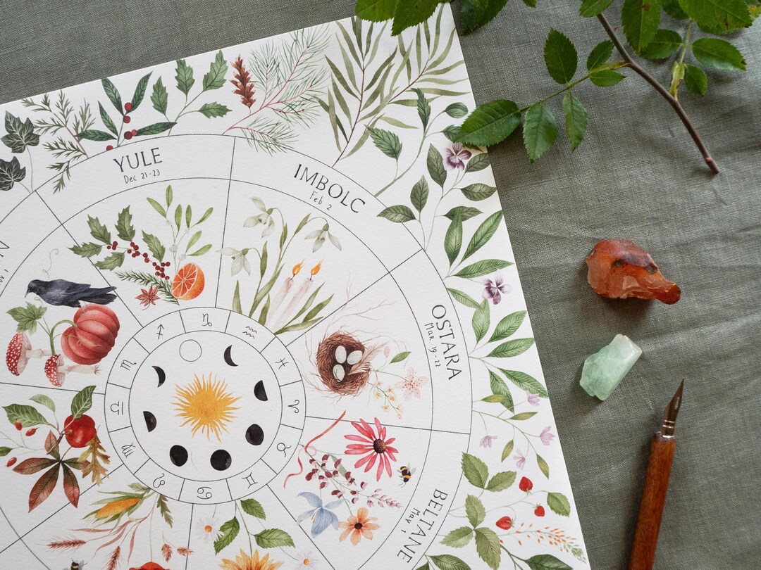 Wheel of the Year - White - Pagan Holiday Calendar - Botanical Art ...