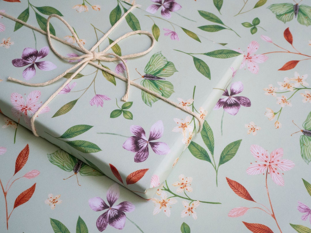 Spring Flowers and Butterflies Wrapping Paper - Botanical Pattern ...