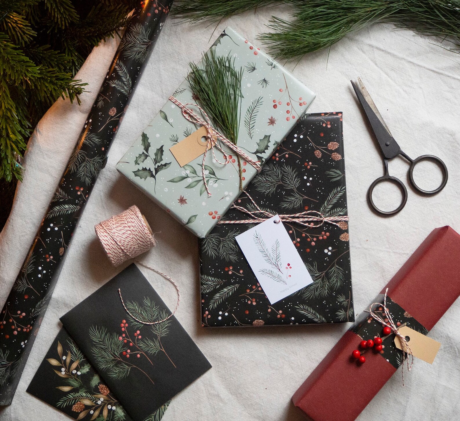 Christmas Wrapping Paper Botanical Pattern Fir and Berries - Etsy