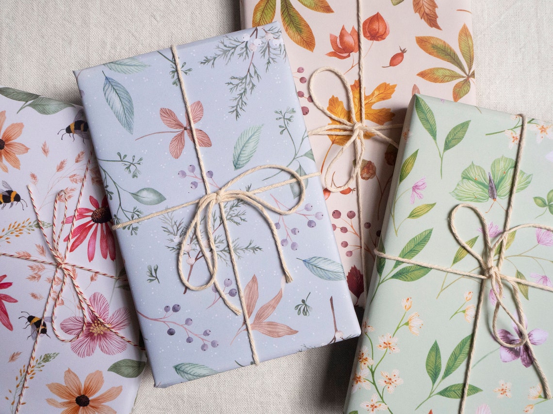 Botanical Nature Wrapping Paper Set Four Seasons Giftwrap Sheets ...