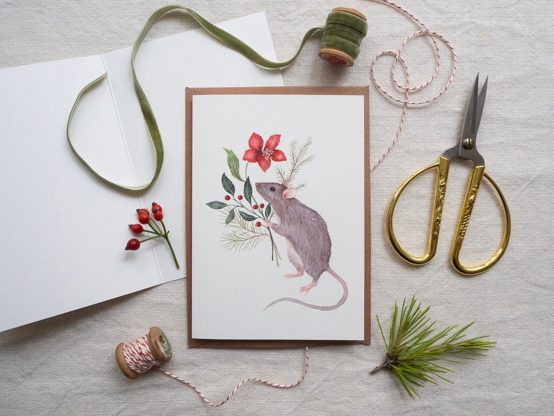 Christmas Mouse Greeting Card - Illustrated Woodland Animal and ...