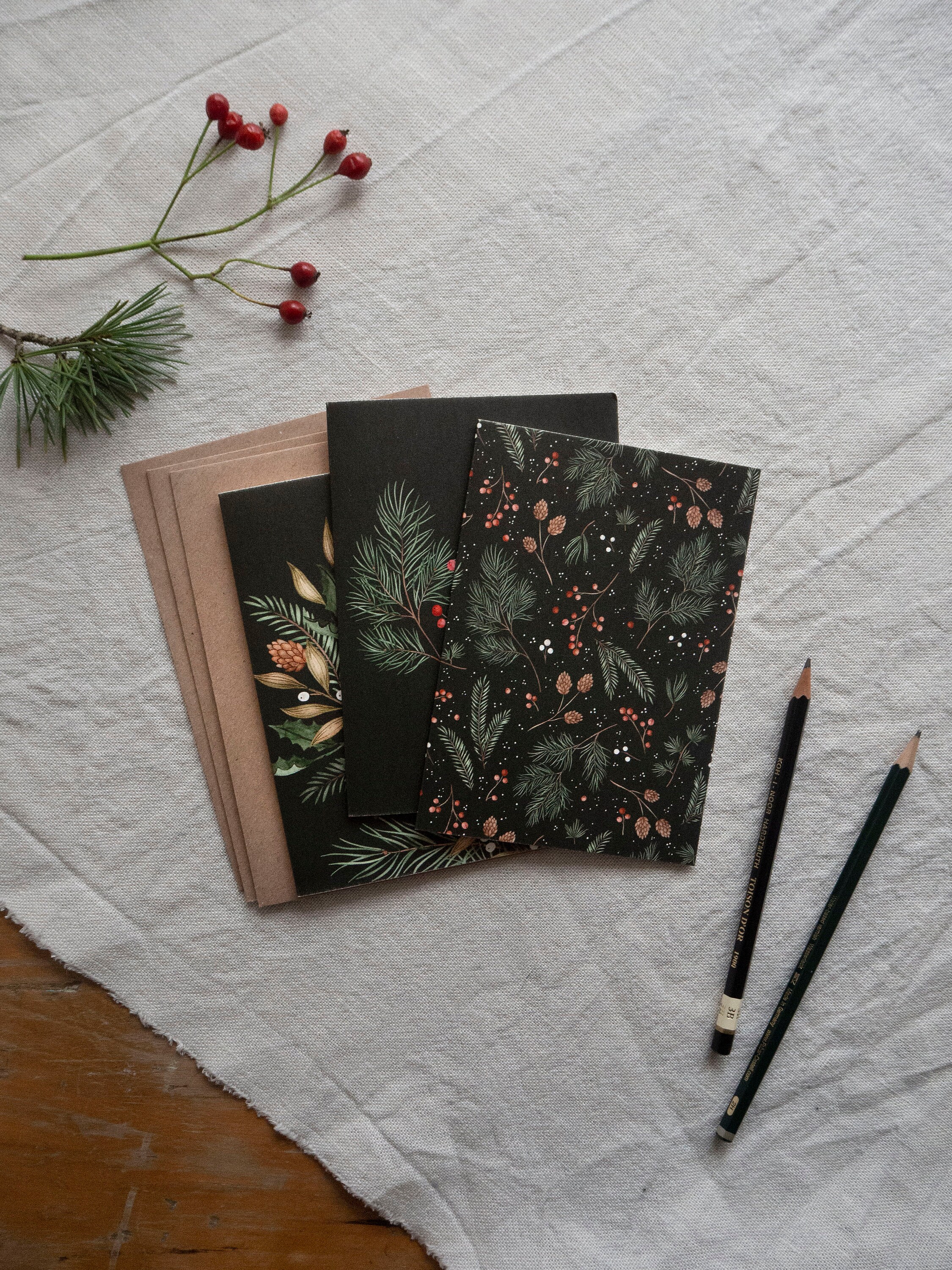 Botanical Christmas Card Set - Pack of 3 Illustrated Xmas Greeting ...