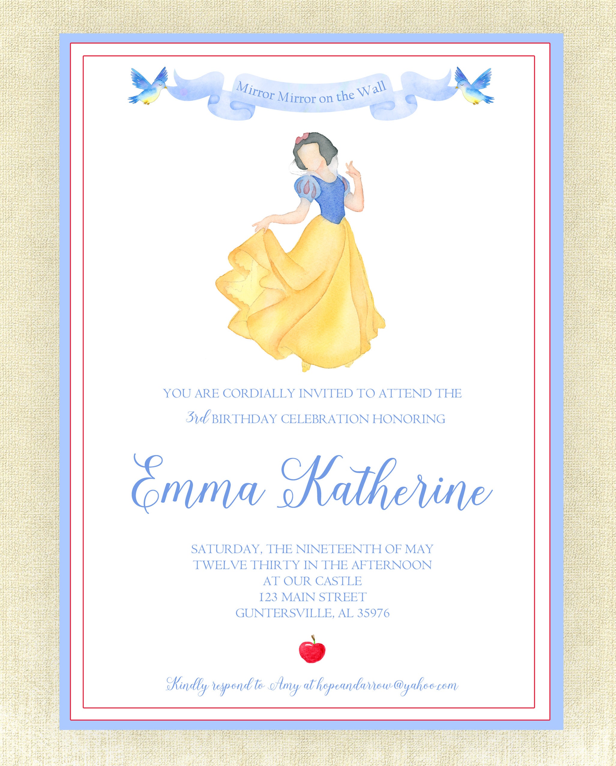 Snow White Invitation, Watercolor Snow White Invitation, Snow White ...