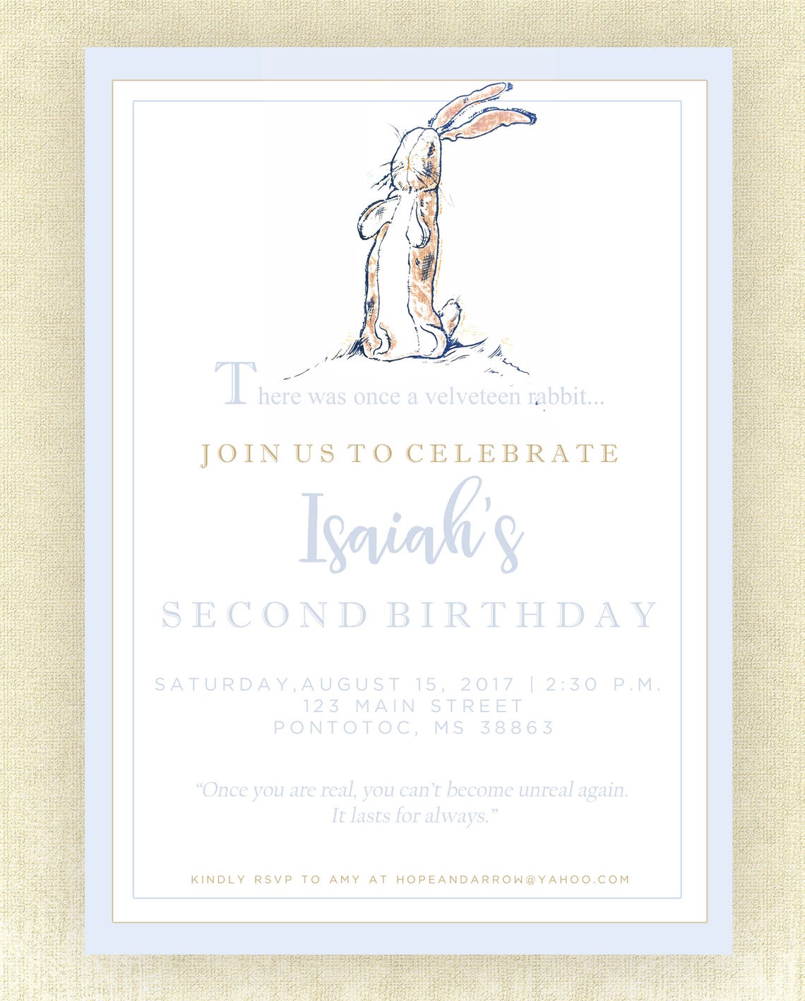 Velveteen Rabbit Invitation Bunny Birthday Party Birthday - Etsy Canada