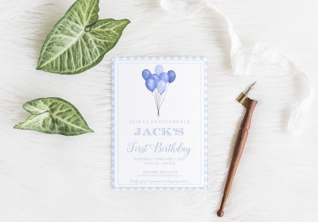 Classic First Birthday Invitation, Watercolor Balloon Invitation ...