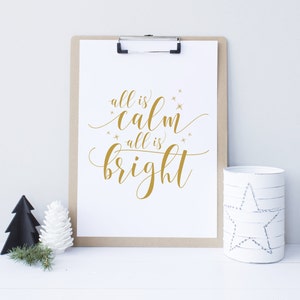 All is Calm, All is Bright, Christmas Printable Art Decor, Black and ...