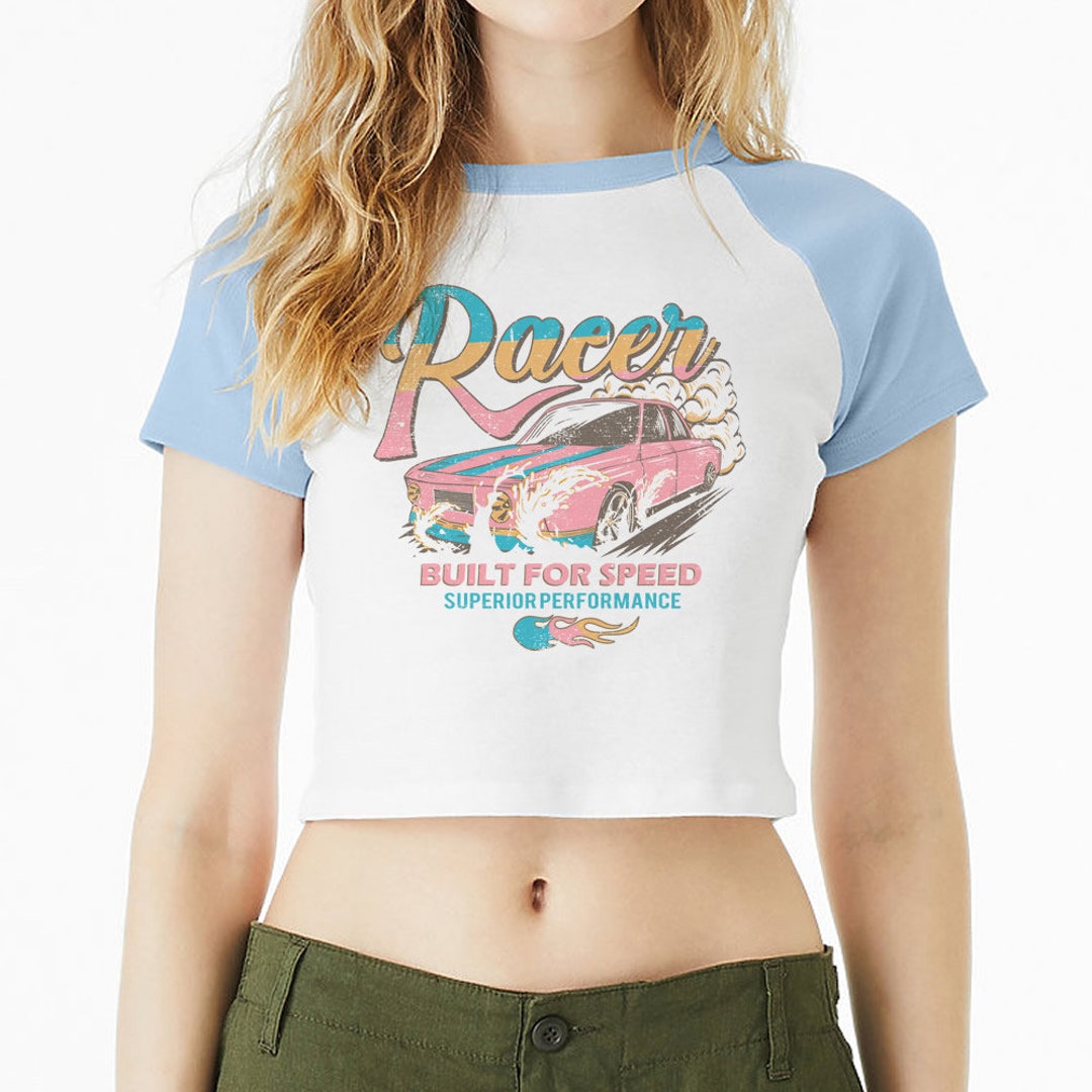 Racer Car Graphic Raglan Cropped Baby Tee, Racing Raglan Crop Top ...