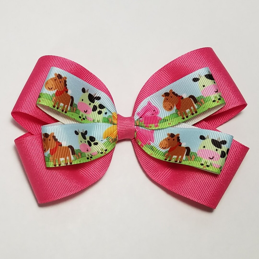 5" Farm Animals Hair Bow *you Choose Solid Bow Color* - Etsy