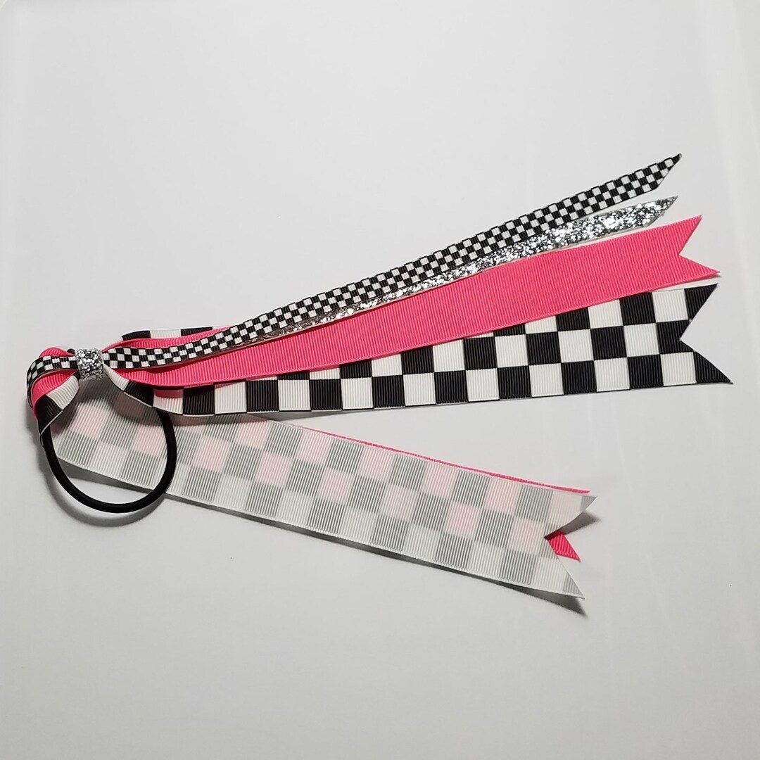 Checkered Flag Racing Ponytail Streamer *you Choose Solid Bow Color ...