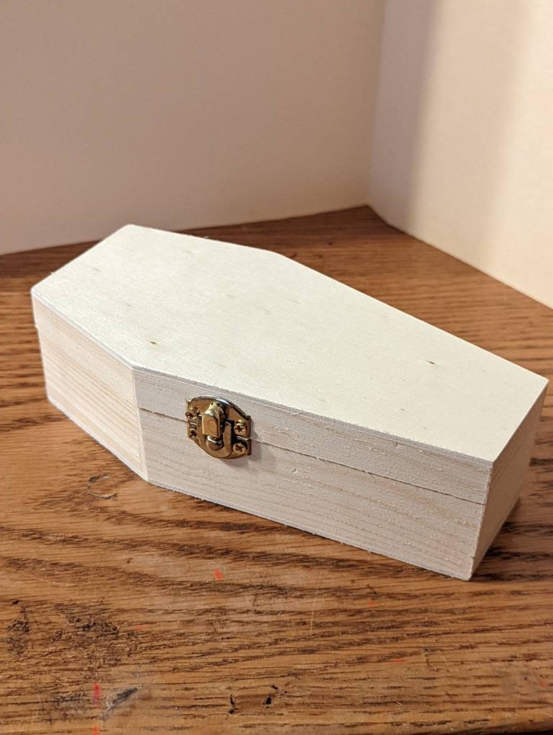 6 Inch Coffin or Casket Plain Unfinished Wood, Hinged With Brass Look ...