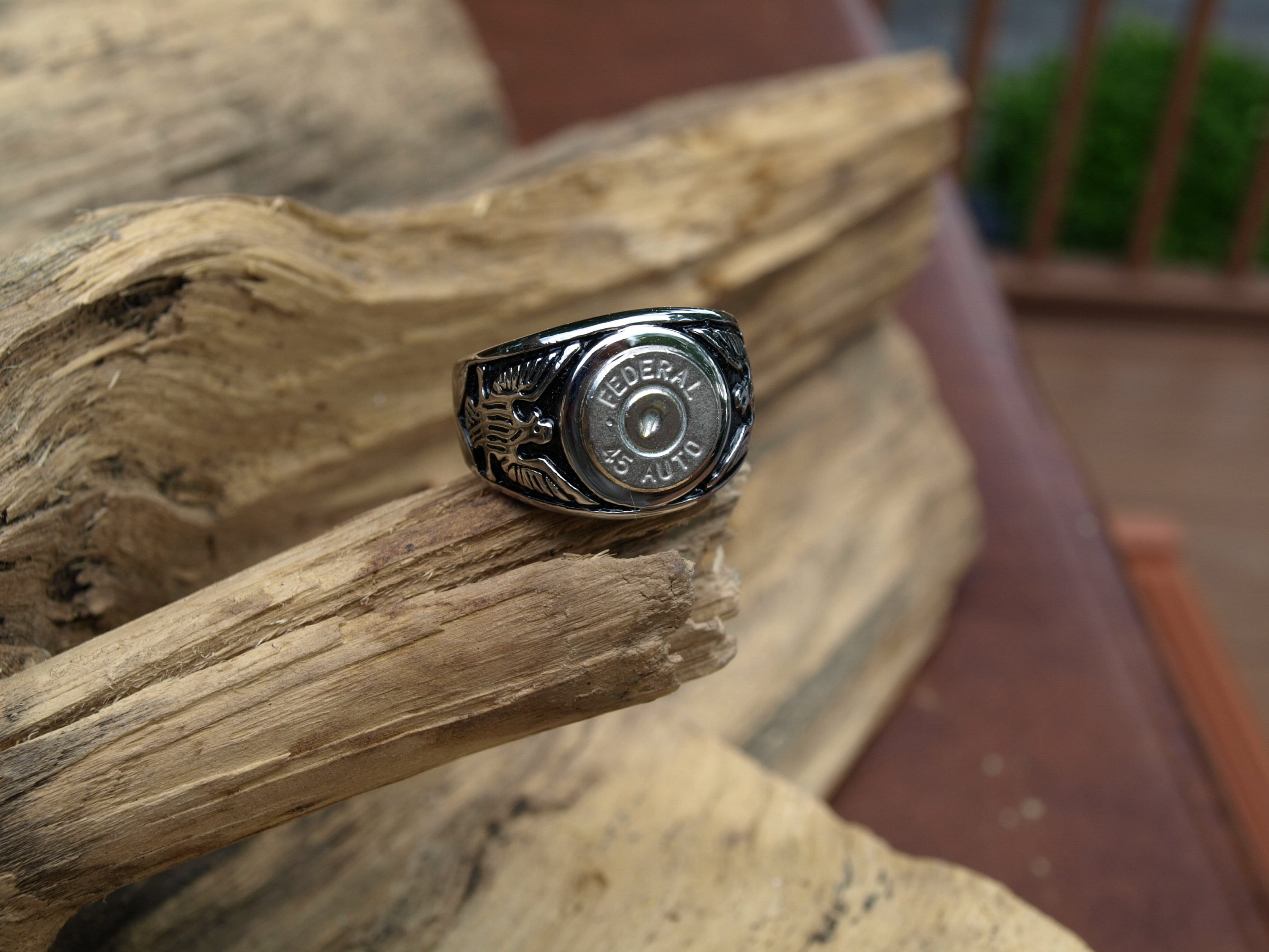 Stainless Steel Bullet Ring With Eagles and Nickel 45 Auto Bullets ...
