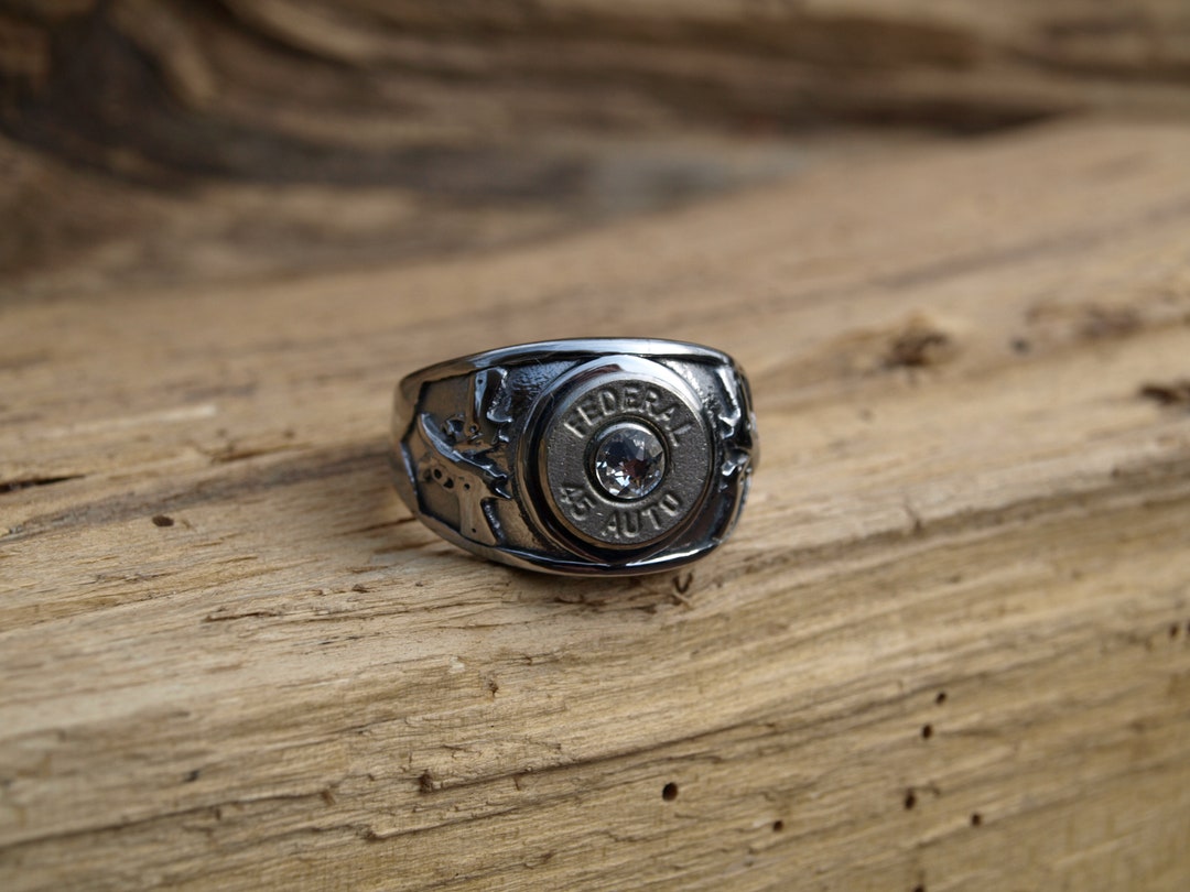 Stainless Steel Bullet Ring With Hand Guns and Nickel 45 Auto Bullets ...