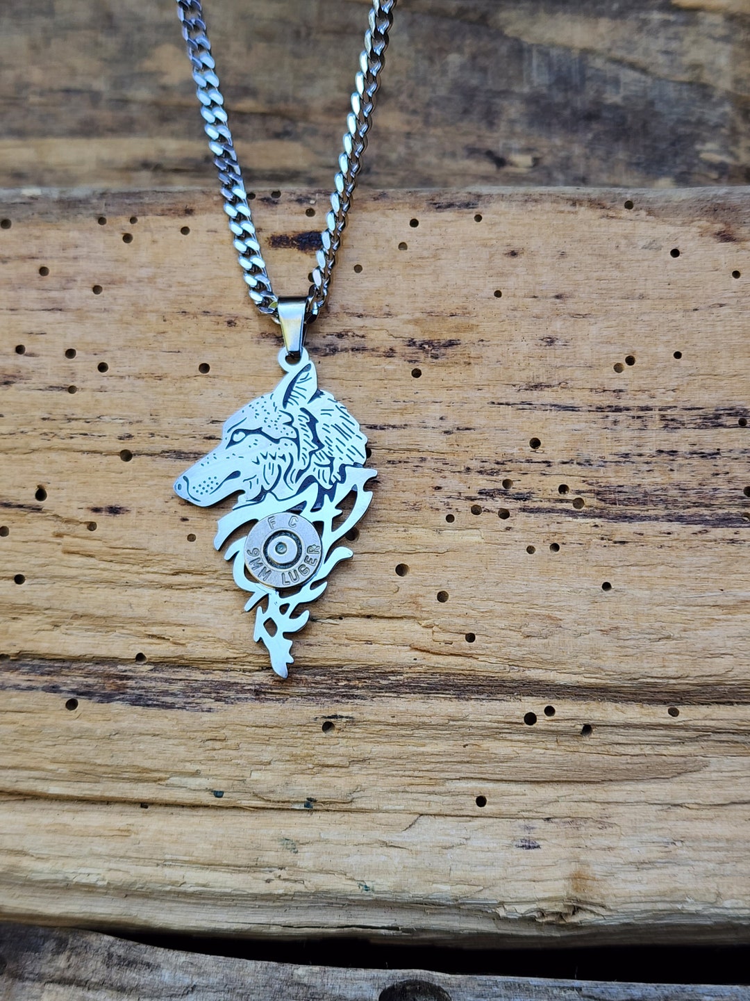 Flat Stainless Steel Bullet Wolf Necklace. Your Choice of Nickel or ...