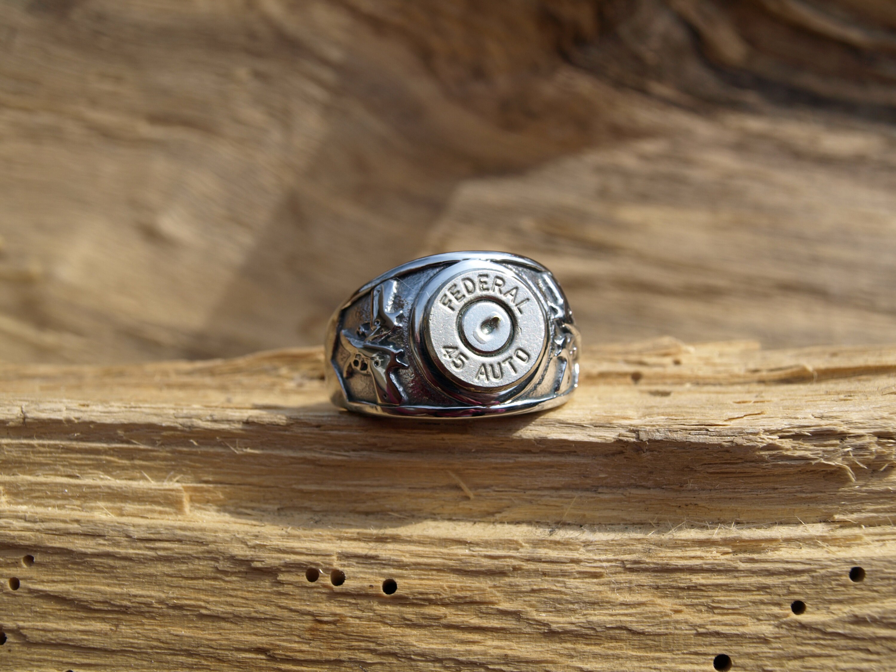 Stainless Steel Bullet Ring With Hand Guns and Nickel 45 Auto Bullets ...