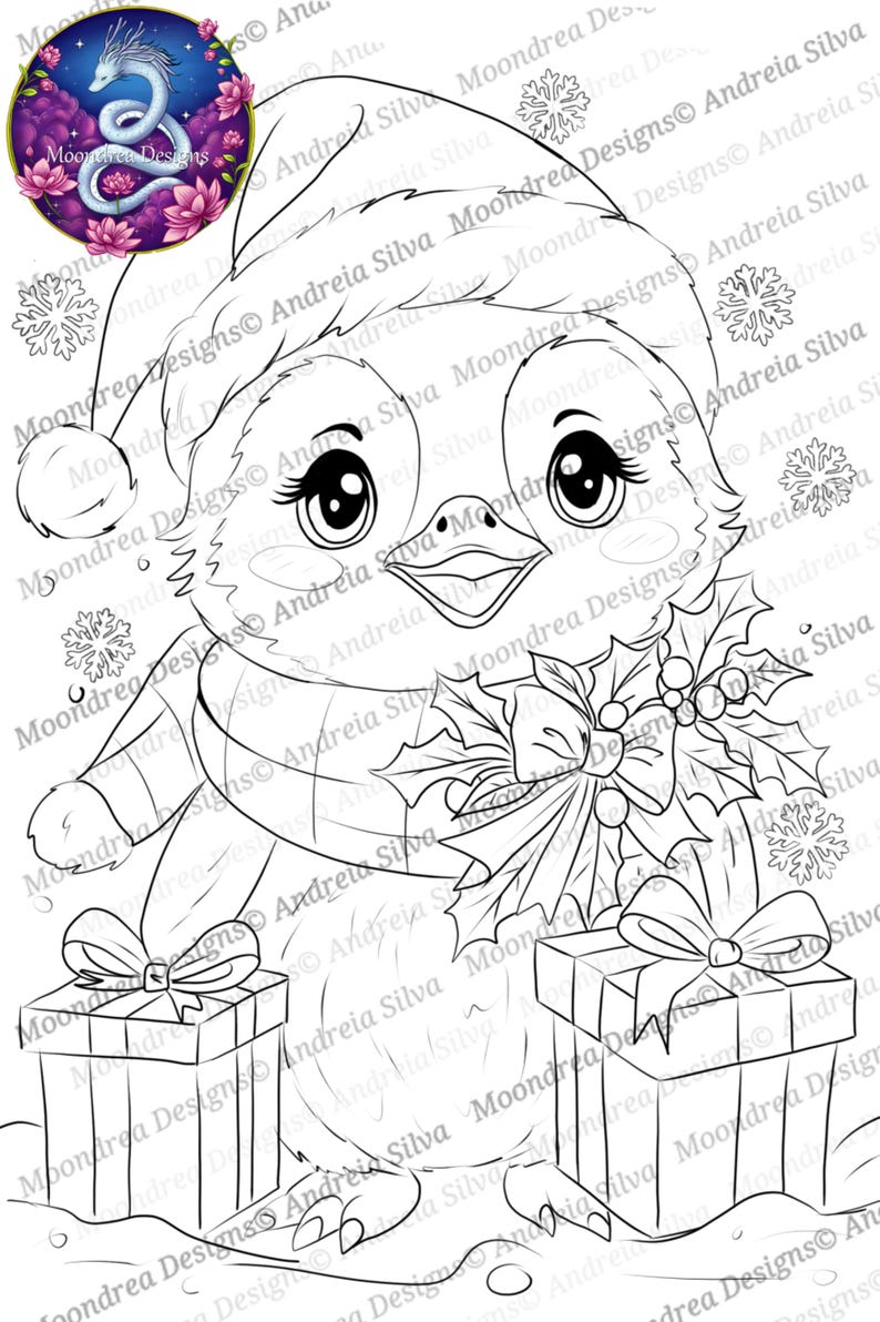 Christmas Penguin Digital Stamp, Lineart for Coloring - Etsy