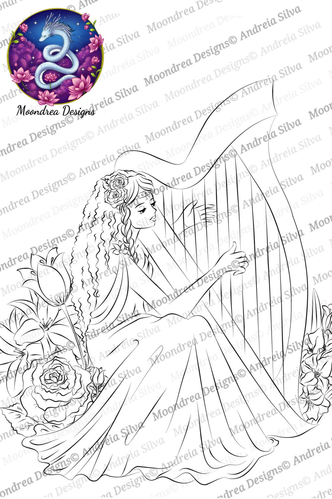 Harp Maiden Digital Stamp, Lineart for Coloring - Etsy