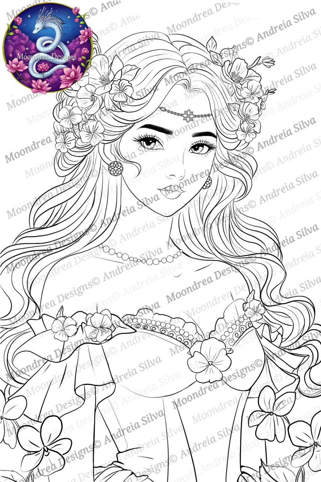 Violet Maiden Digital Stamp, Lineart for Coloring - Etsy