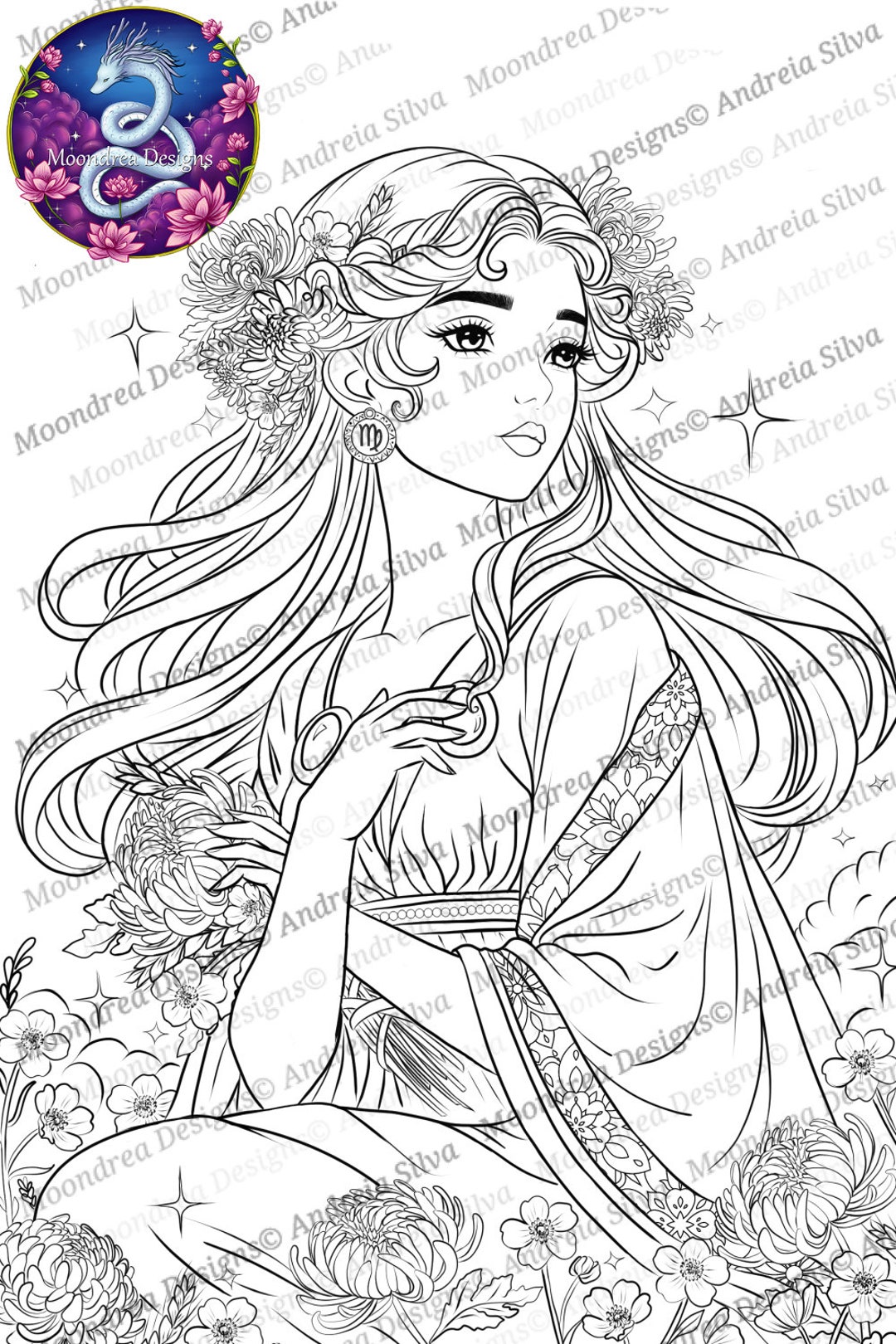 Virgo Zodiac Maiden Digital Stamp, Lineart for Coloring - Etsy Australia