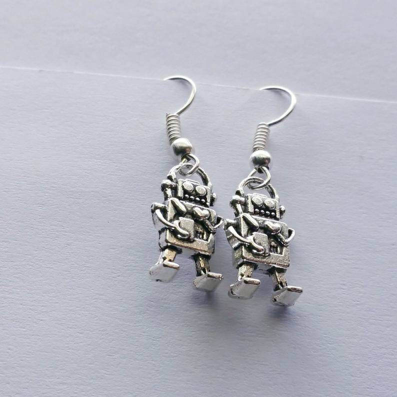 Robot Dangle Earrings, Heart Robot Earrings, Silver Robot Earrings, Sci ...