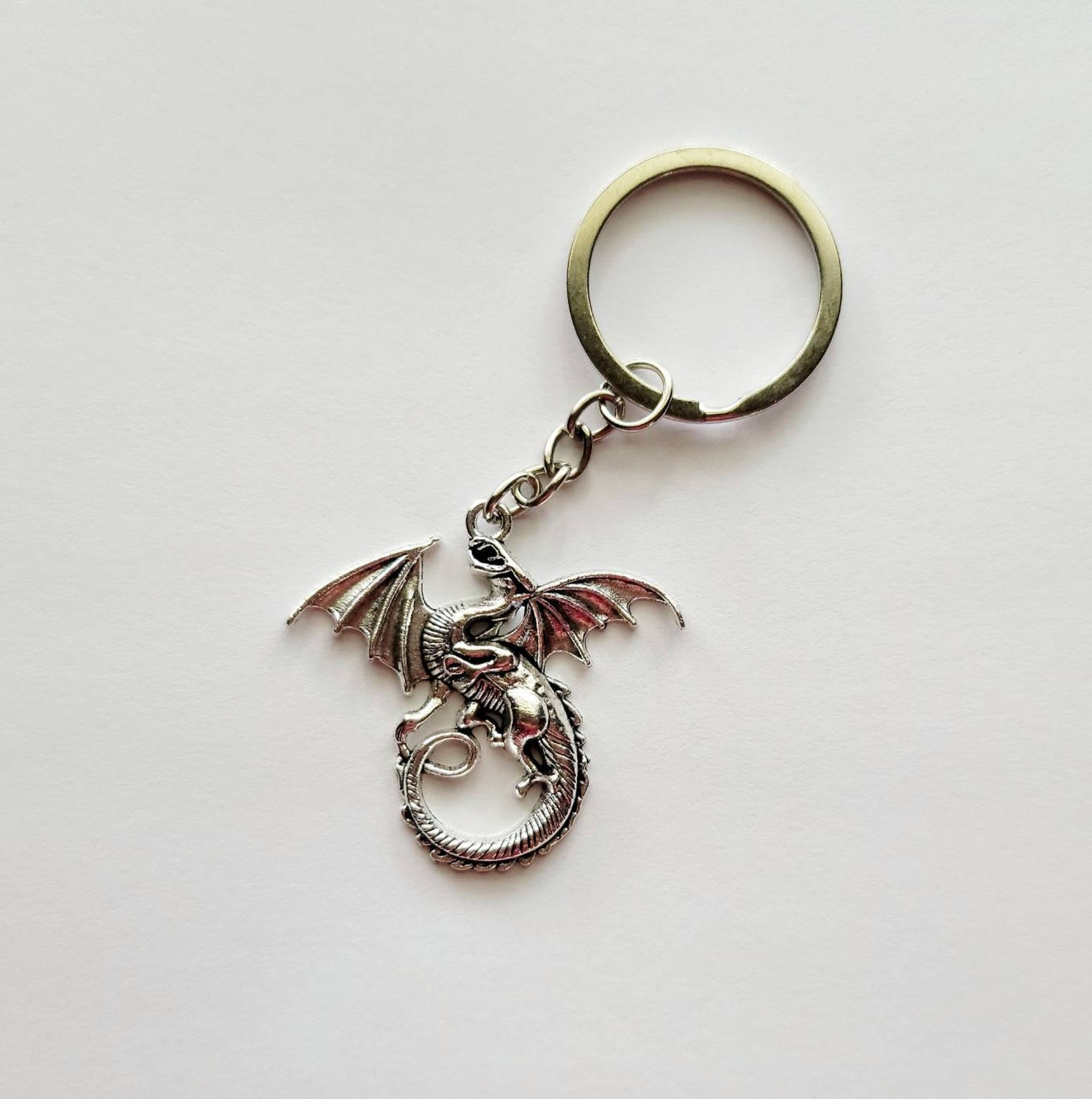 Silver Dragon Keychain Gothic Dragon Keychain Open Winged | Etsy