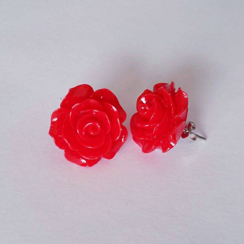 Red Rose Post Earrings Red Flower Earrings Rose Earrings - Etsy