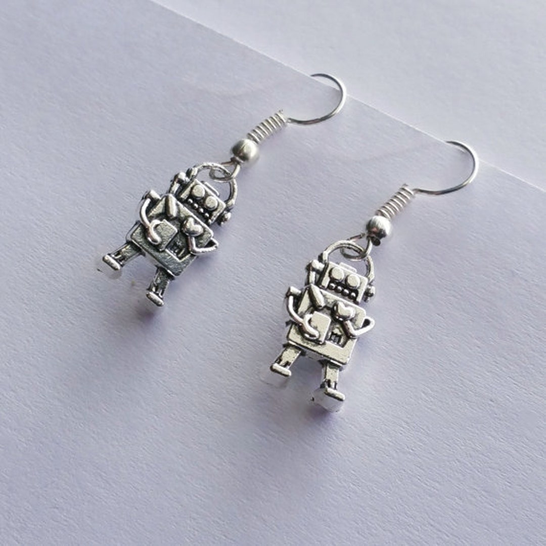 Robot Dangle Earrings, Heart Robot Earrings, Silver Robot Earrings, Sci ...
